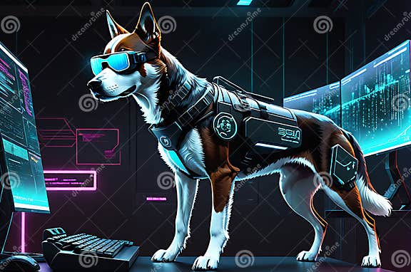 Tech Canine Command: Cybernetic Canine Mounted in Front of a Sleek ...