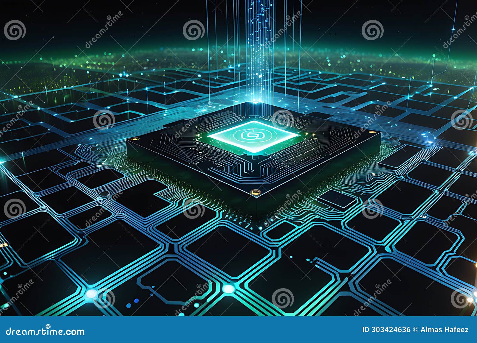 Abstract Concept Art of the Metaverse: Glowing Chip Circuit Hologram ...
