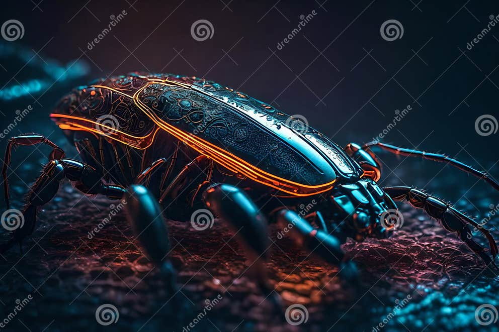 Neon Cyborg: Close-Up of Hi-Tech Insect Glowing in RGB Brilliance Stock Illustration ...