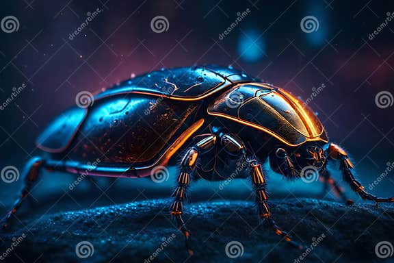 Neon Infestation: Close-Up of Hi-Tech Cyborg Insect with Glowing Metal Skin Stock Illustration ...