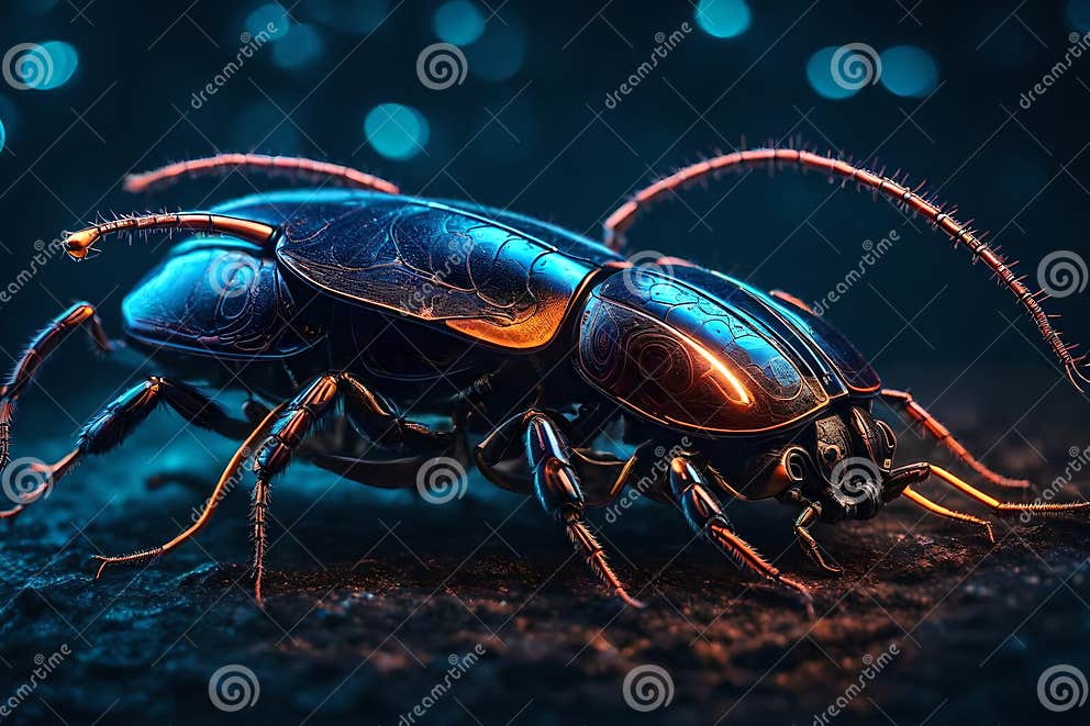 Neon Infestation: Close-Up of Hi-Tech Cyborg Insect with Glowing Metal Skin Stock Illustration ...