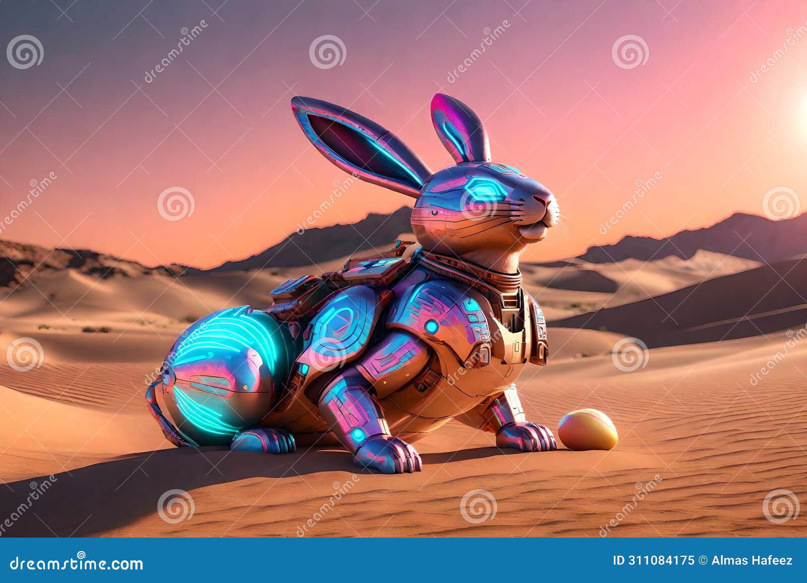 Desert Mirage: Neon Cyber-Tech Easter Bunny in Metallic 3D Rendered ...