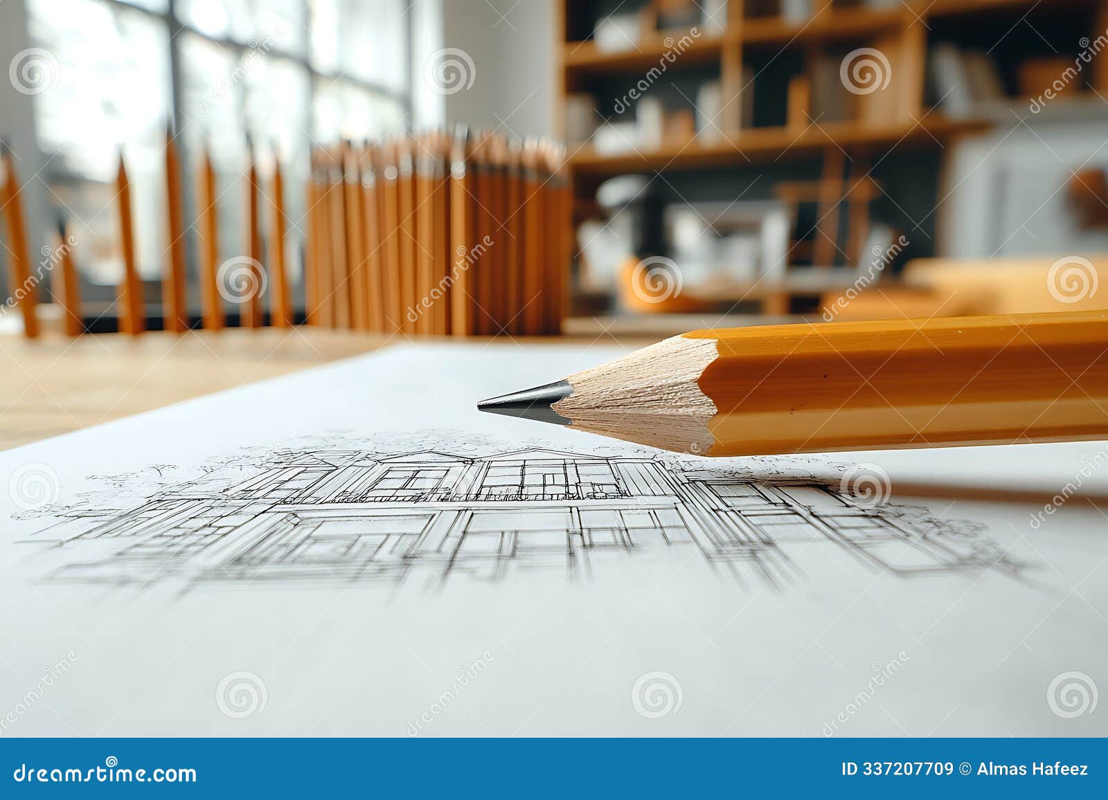 Sharp Pencil Blueprint Sketch Design of an Architectural House Stock ...