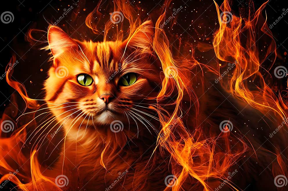 3d Render of a Cat Burning in Fire, Isolated Against a Solid Color ...