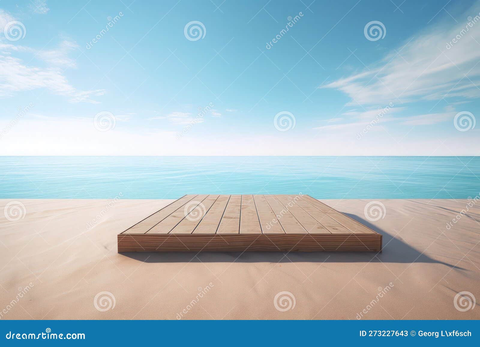Empty Wooden Platform on Serene Beach with Majestic Mountains and ...