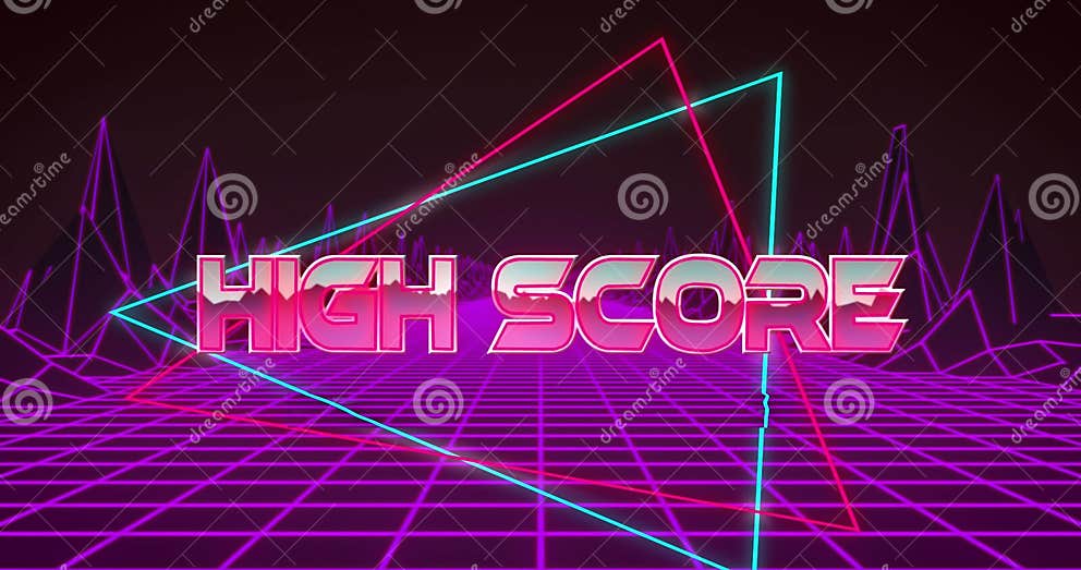 Image of High Score Text in Multicolored Triangles Over Grid Pattern ...