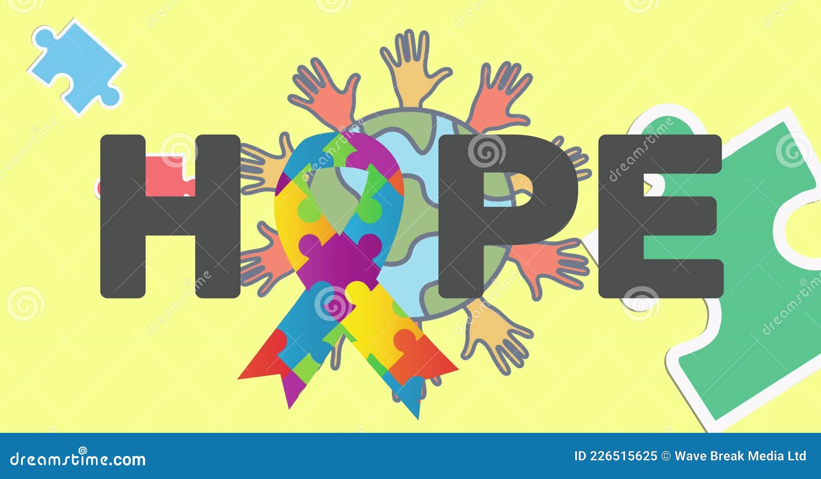 Image of Hope Text Over Puzzles Forming Ribbon and Globe with Hands ...