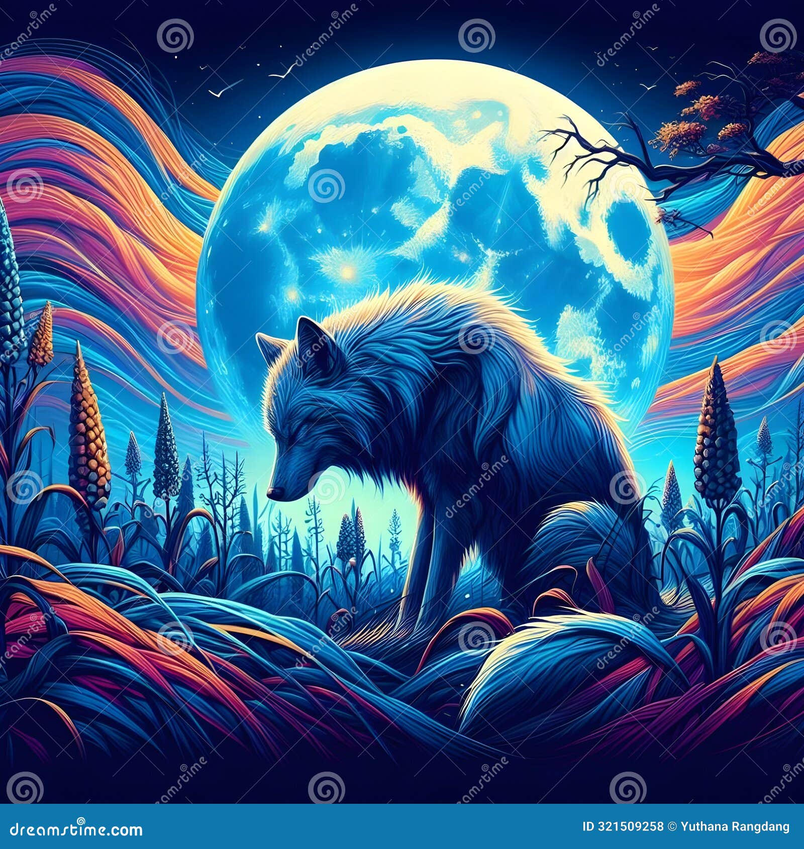 Image of Howling Wolf Over a Blue Corn Moon. Stock Illustration ...