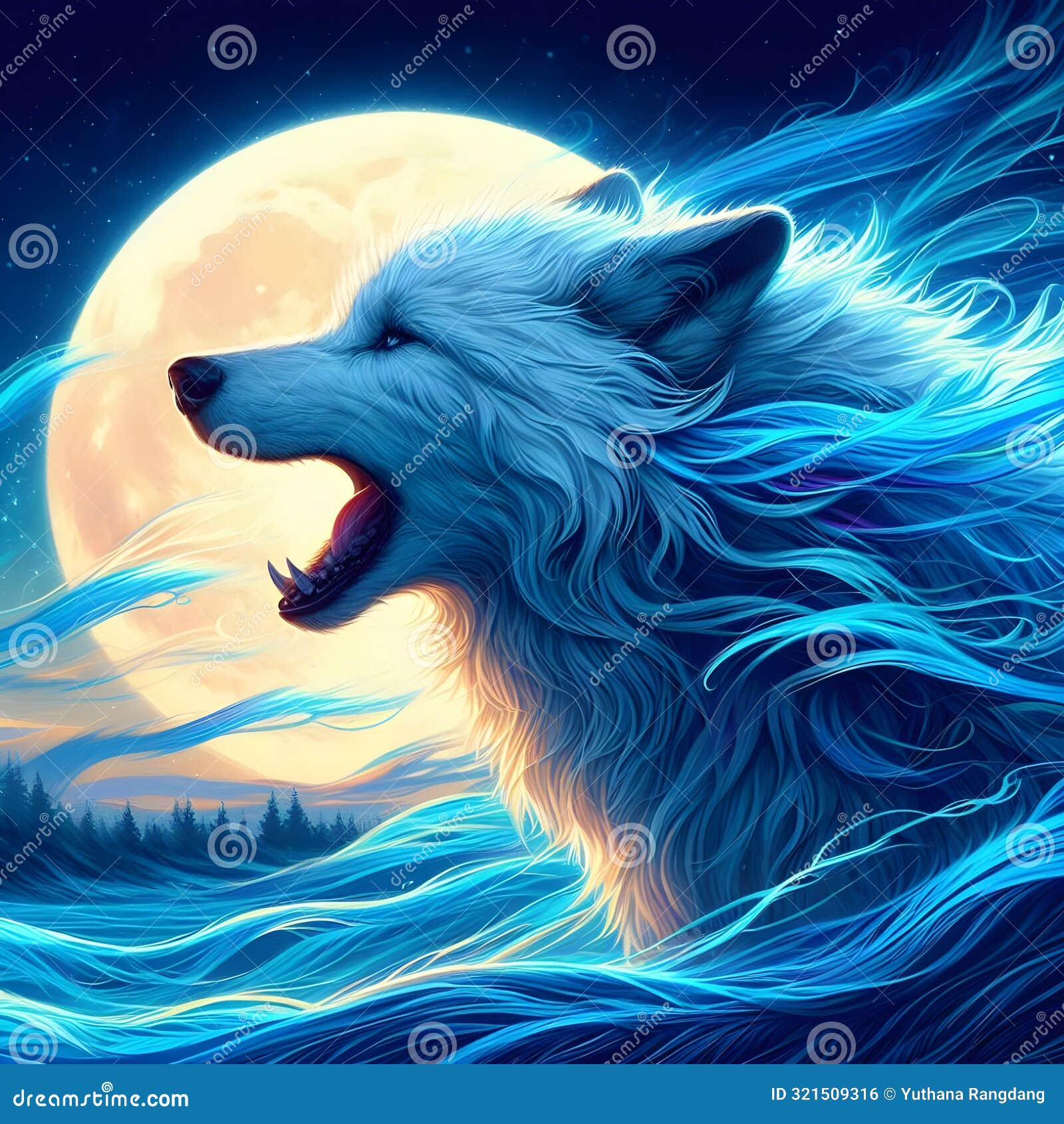 Image of Howling Wolf Over a Blue Corn Moon. Stock Illustration ...