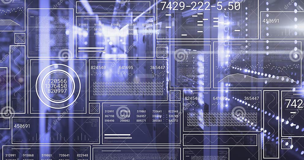 Image of Hud Screens with Changing Numbers, Graphs, Loading Bars, Circles Over Server Room Stock ...