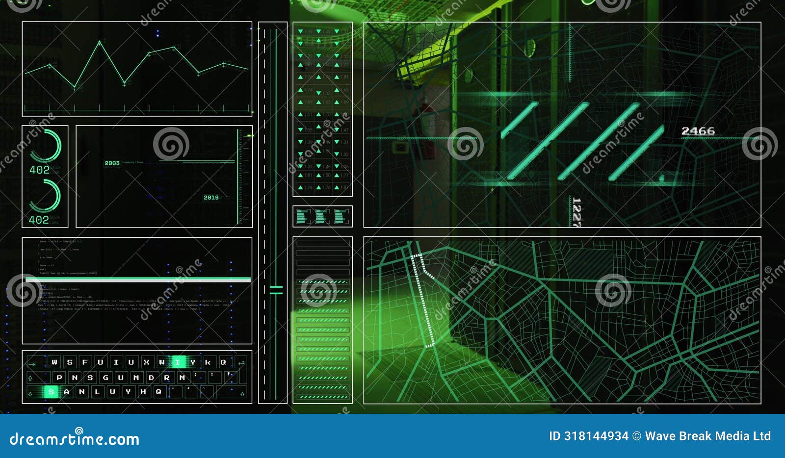 Image of Hud Screens with Map, Graphs, Programming Data Over Data Server Room Stock Photo ...