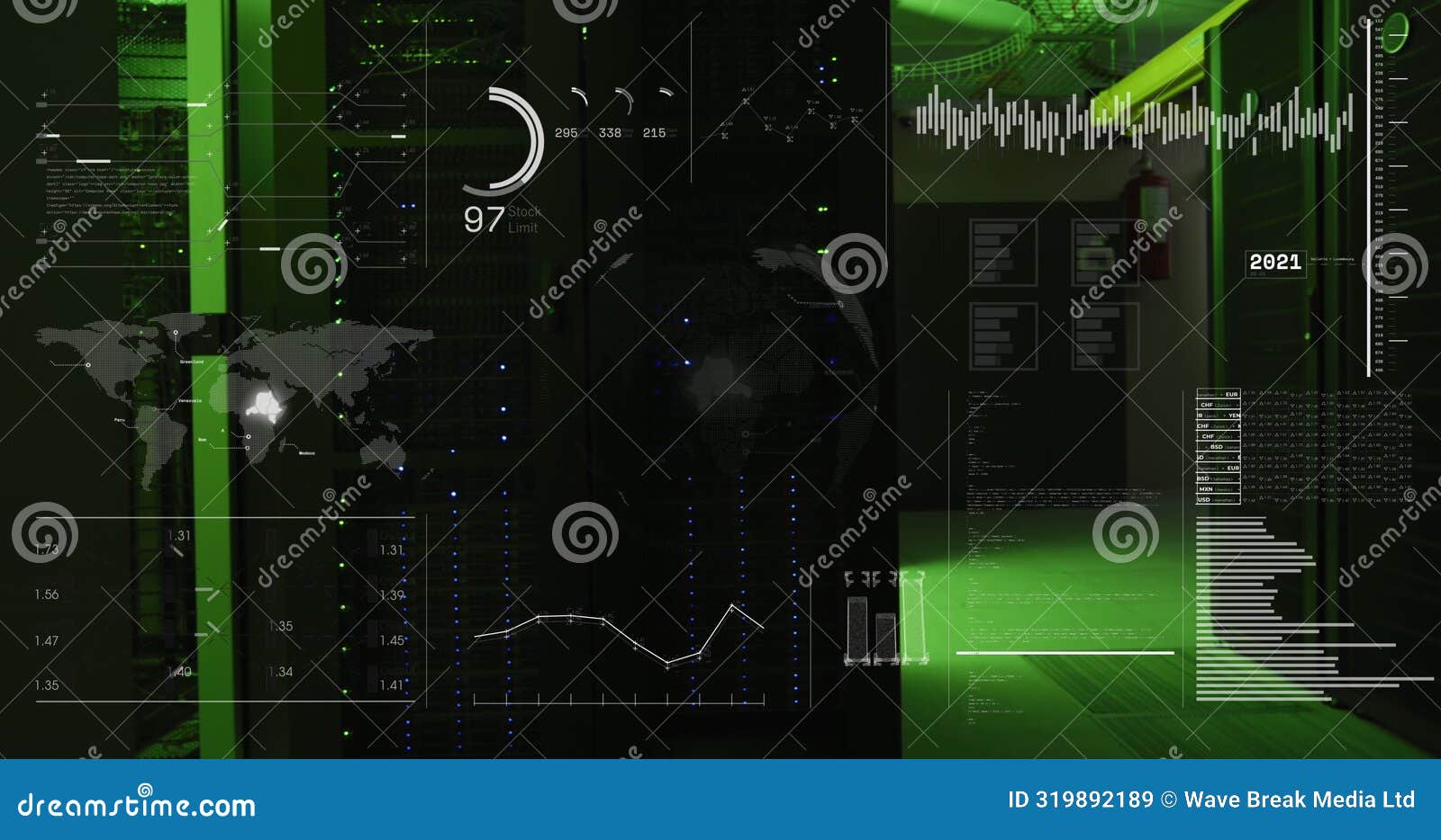 Image of Hud Screens with Programming Language, Globe, Map, Graphs and Data Server Racks Stock ...