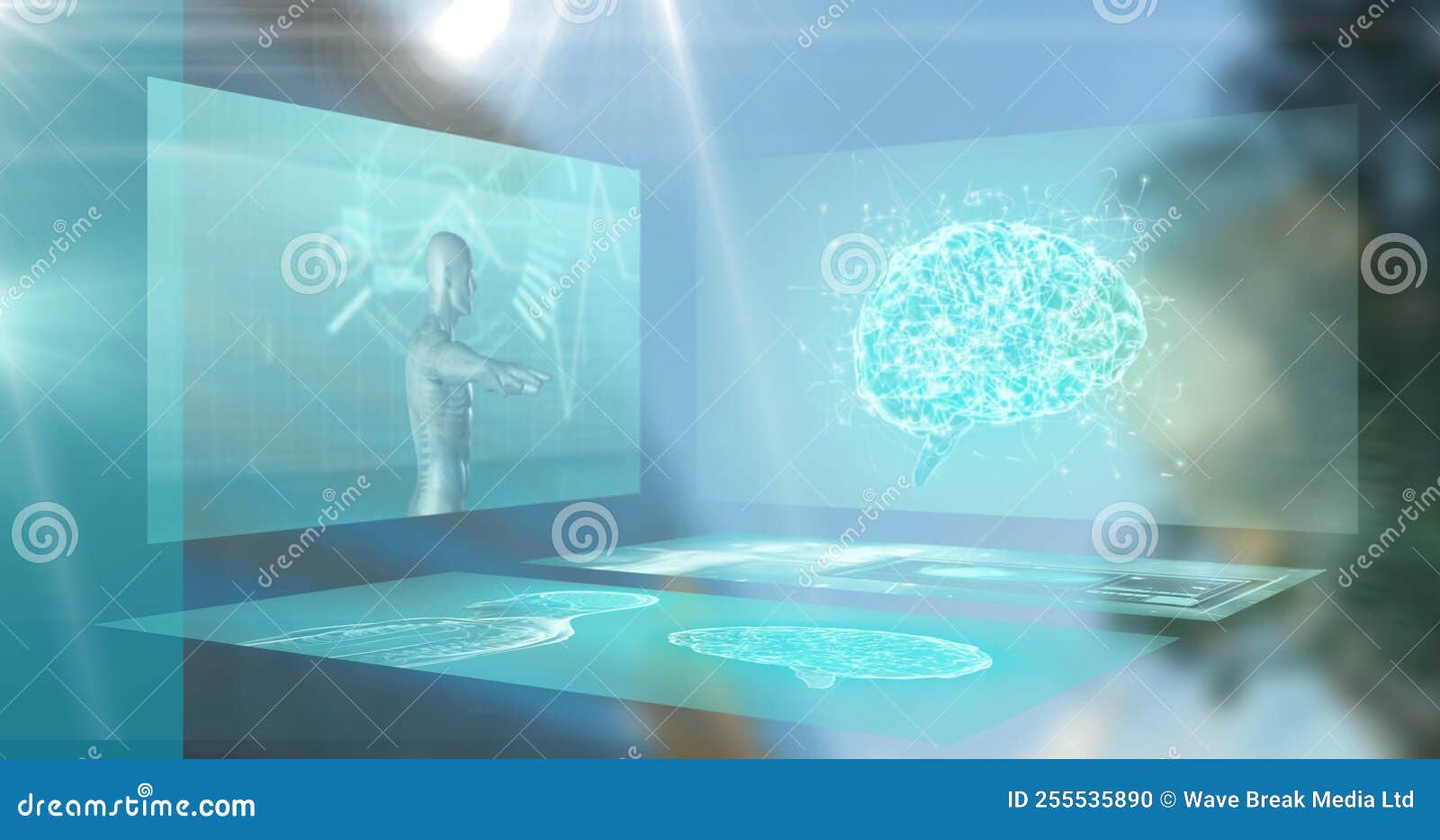 Image of Human Brain and Body with Medical Data Processing on Screens ...