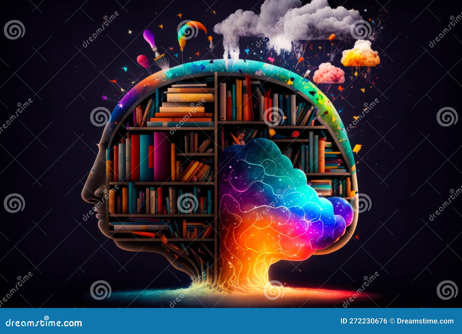 An Image of Human Brain with Books and Clouds. Generative AI Stock ...