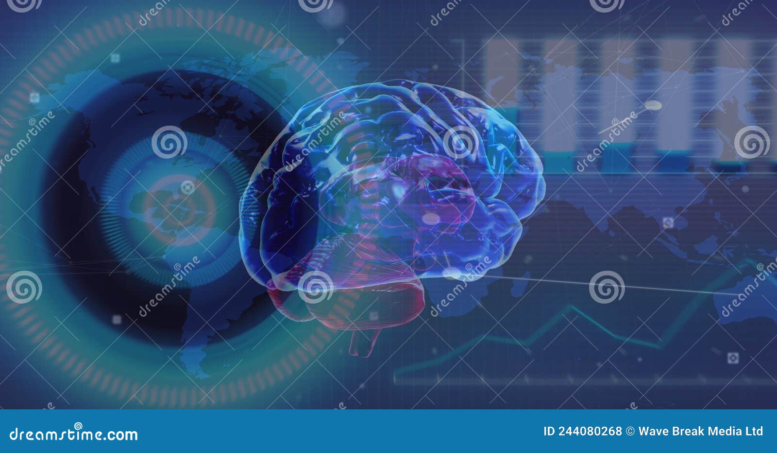 Image of Human Brain, Data Processing Over World Map Stock Illustration ...