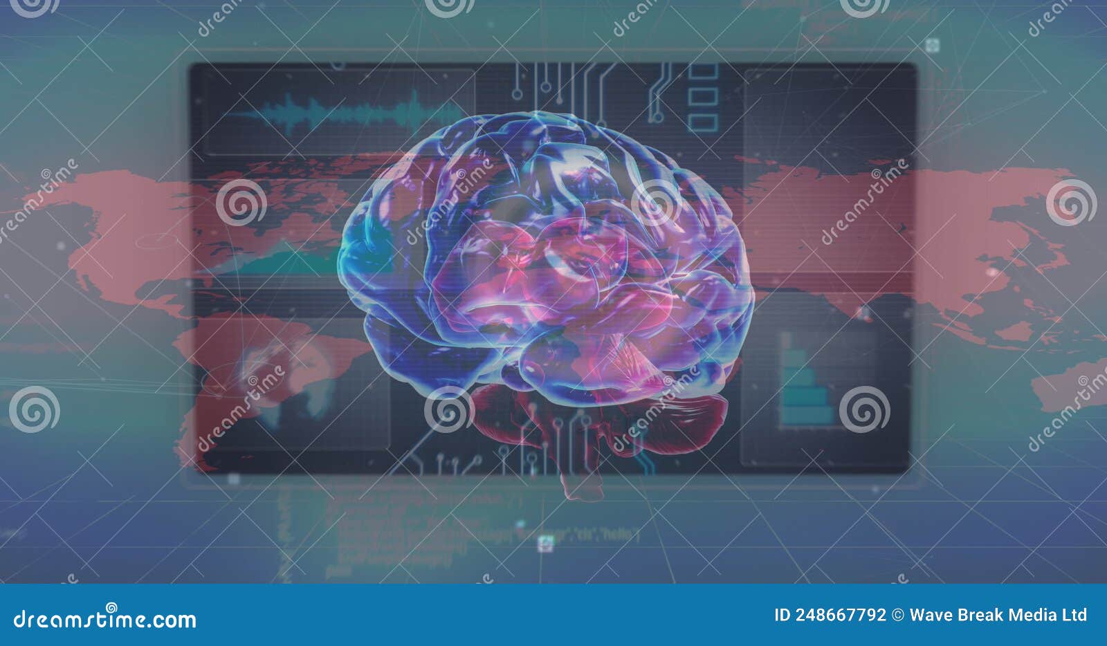 Image of Human Brain, Data Processing Over World Map Stock Illustration ...