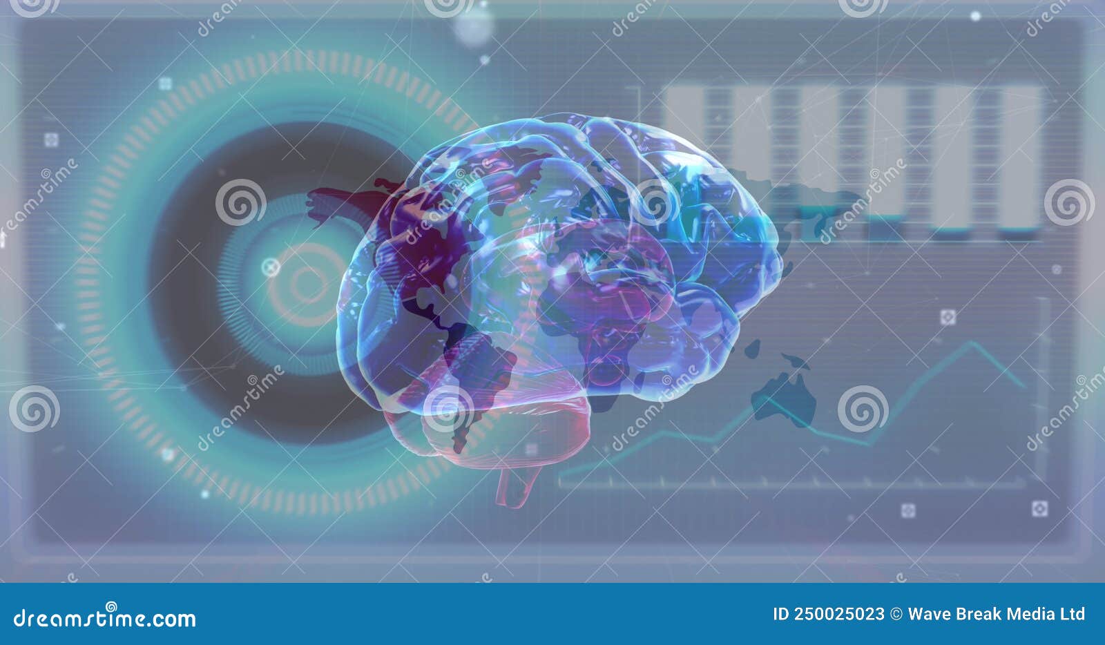 Image of Human Brain, Data Processing Over World Map Stock Illustration ...