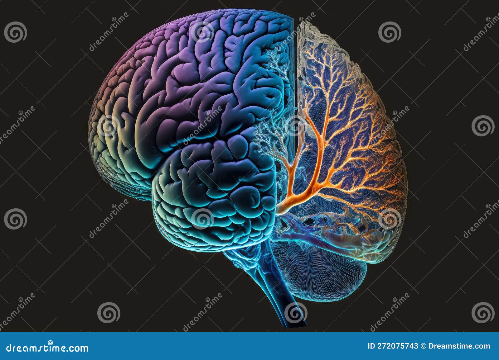 Image of Human Brain in Idea of Diverging Vessels on Black Background ...