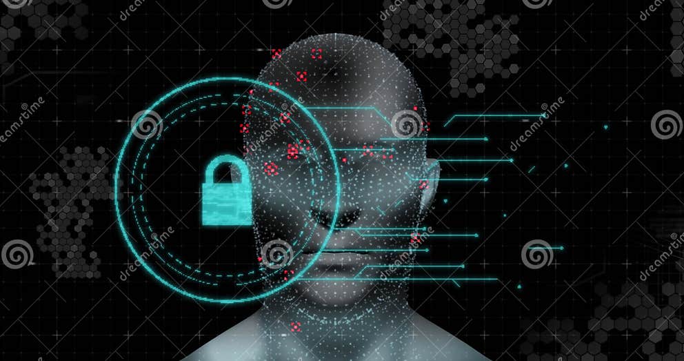 Image of Human Head Glowing with Digital Interface Security Padlock ...