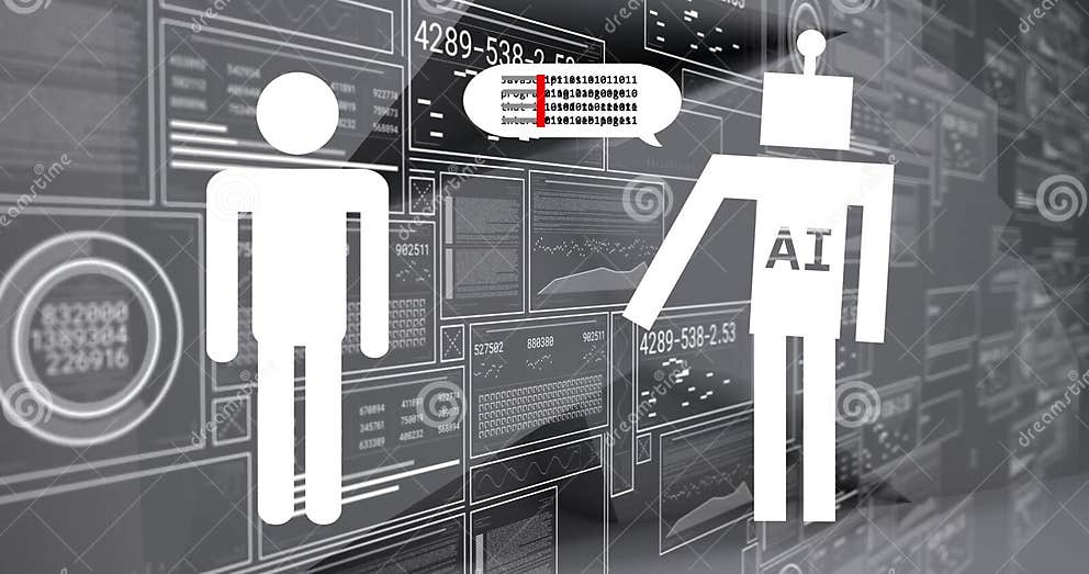 Image of Human Representation, Ai Text in Robot Over Graphs, Numbers, Loading Bars and Circles ...