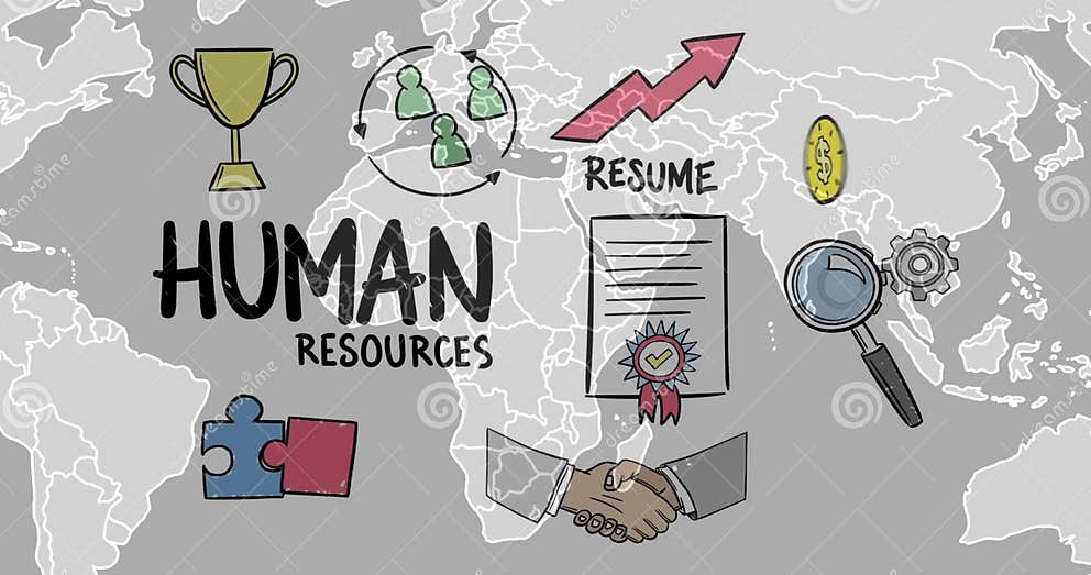 Image of Human Resources with Icons Over World Map on Grey Background ...