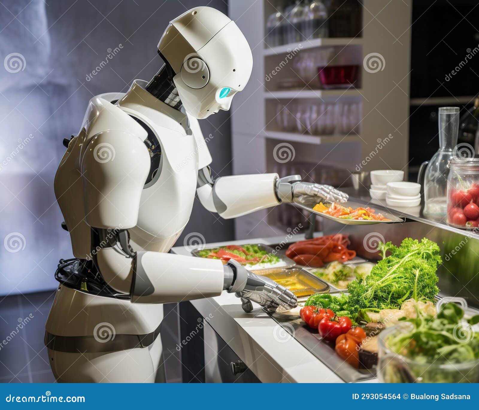 Humanoid Robot As a Cook Preparing a Meal in the Kitchen. Stock ...
