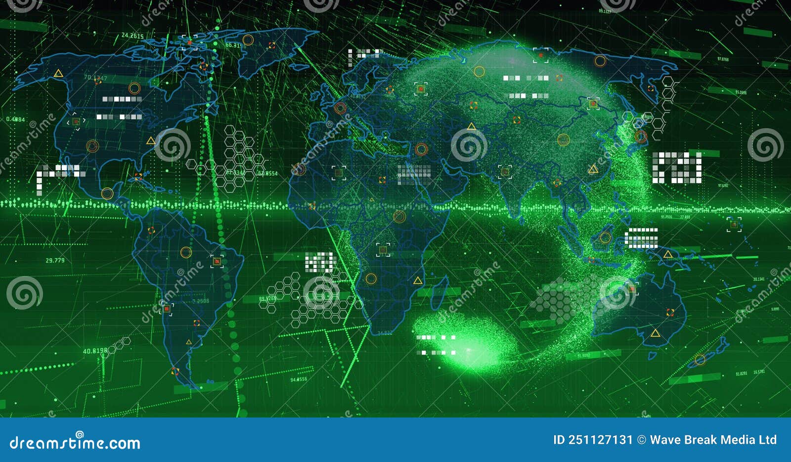 Image of Icons, Data, Globe and World Map on Green Background Stock ...
