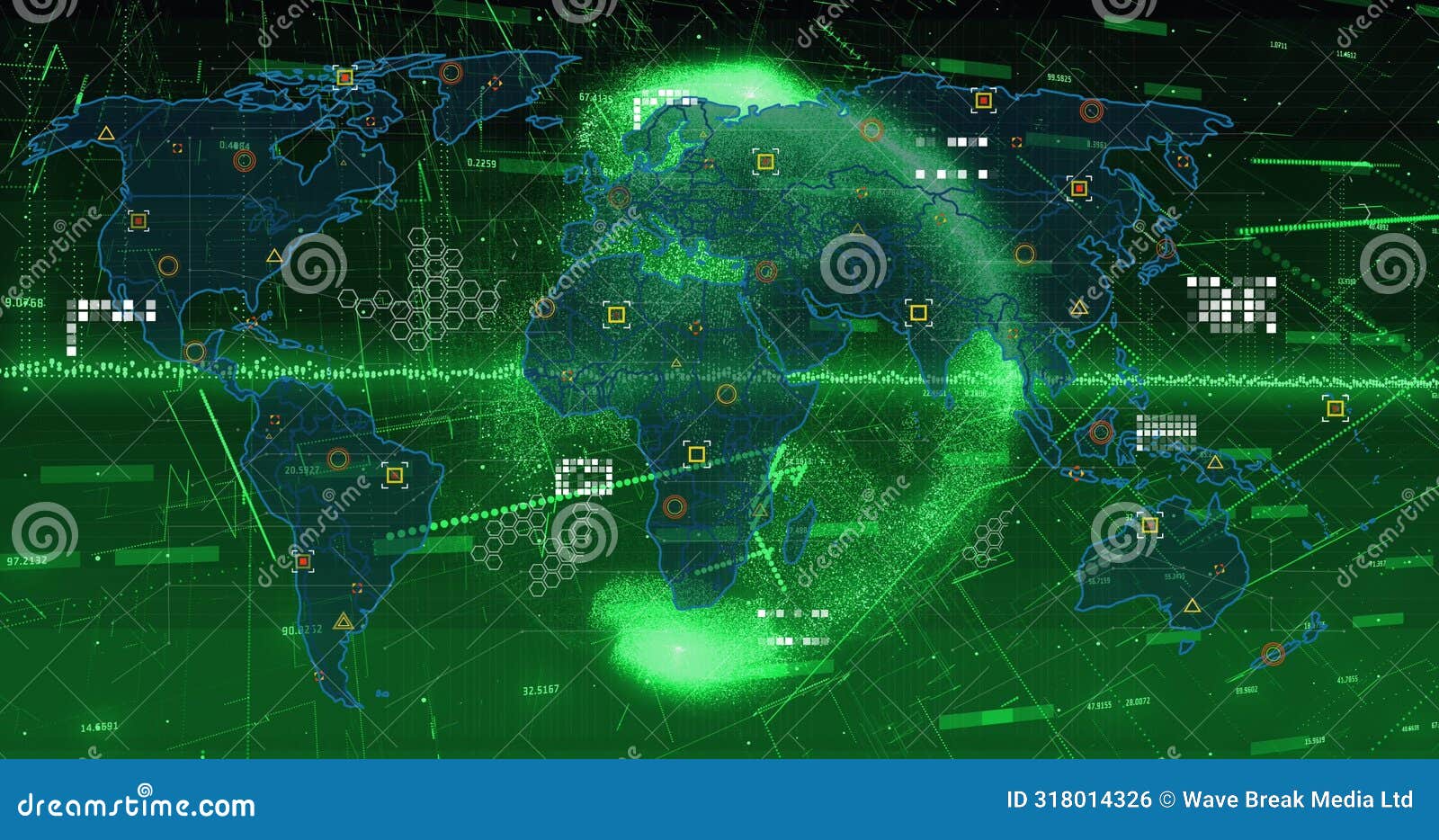 Image of Icons, Data, Globe and World Map on Green Background Stock ...