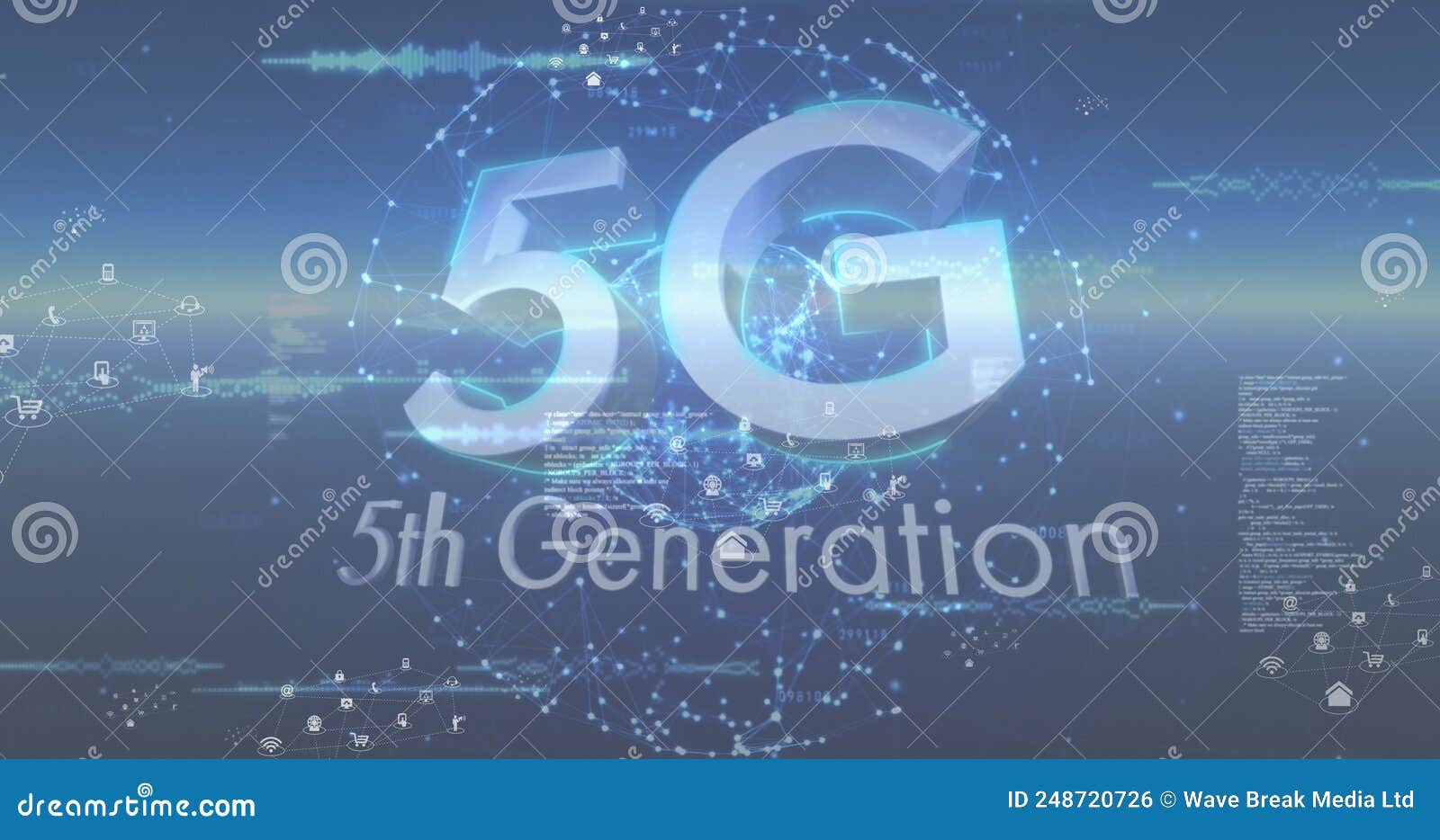 Image of Icons, Data Processing and 5g Over Globe and Blue Background ...
