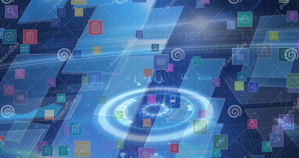 Image of Icons and Diverse Data on Blue Digital Screen Stock ...
