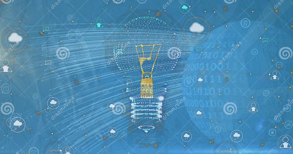 Image of Icons Over 3d Light Bulb Over Binary Codes on Globe Against ...