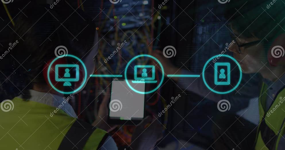 Image of Icons Over Diverse Male and Female it Engineers with Tablet by ...