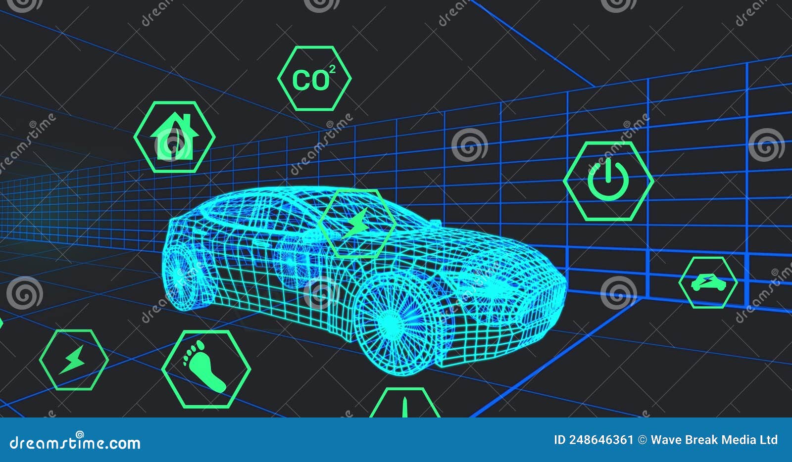 Image of Icons Processing Status Data Over 3d Car Model Moving on Black ...