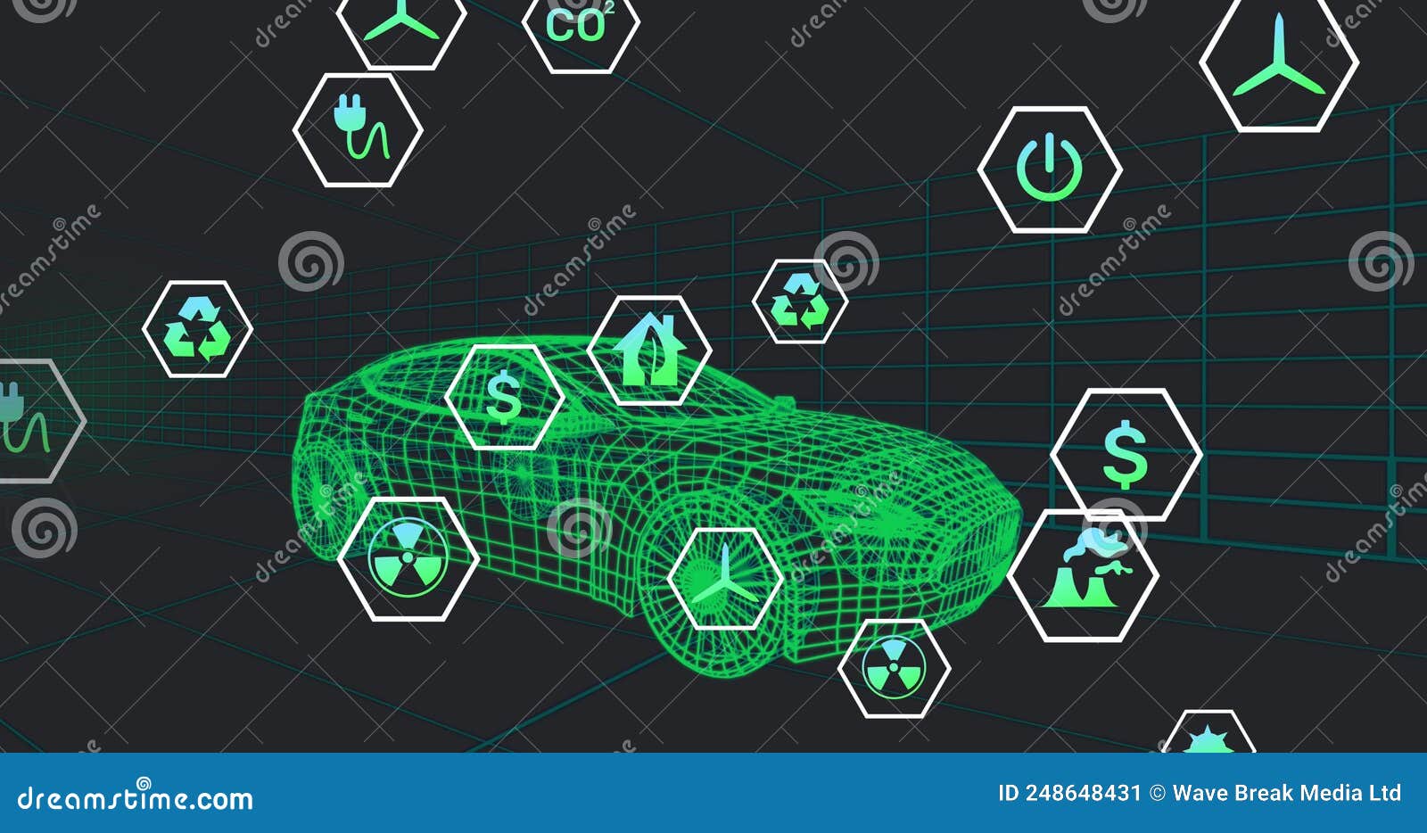 Image of Icons Processing Status Data Over 3d Car Model Moving on Black ...