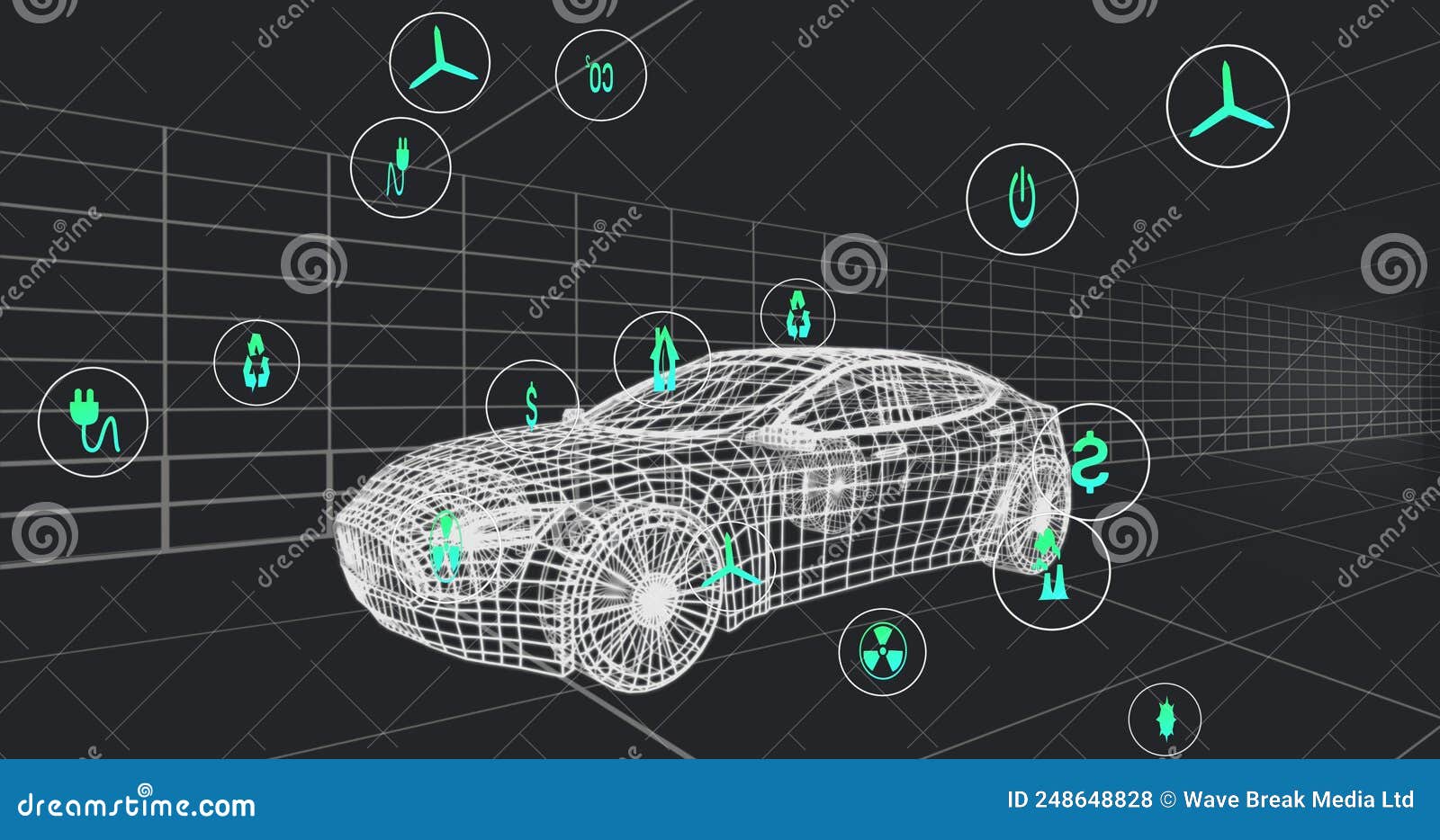 Image of Icons Processing Status Data Over 3d Car Model Moving on Black ...