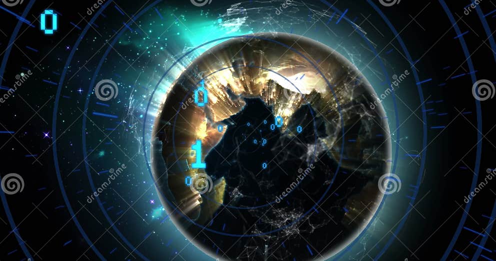 Image of Illuminated Binary Codes with Circles and Connected Dots Over Rotating Globe Stock ...