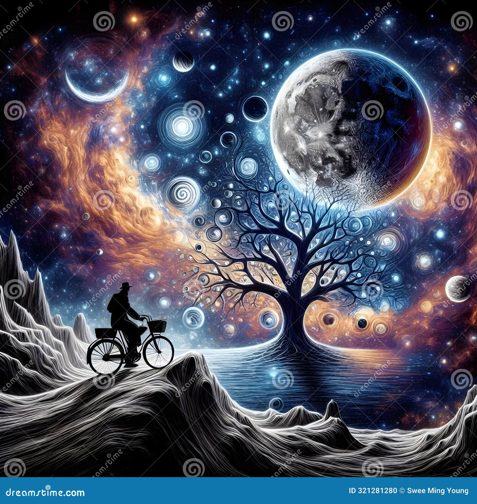 Image of an Imaginary Moon,stars and Celestial Tree of Life in a ...