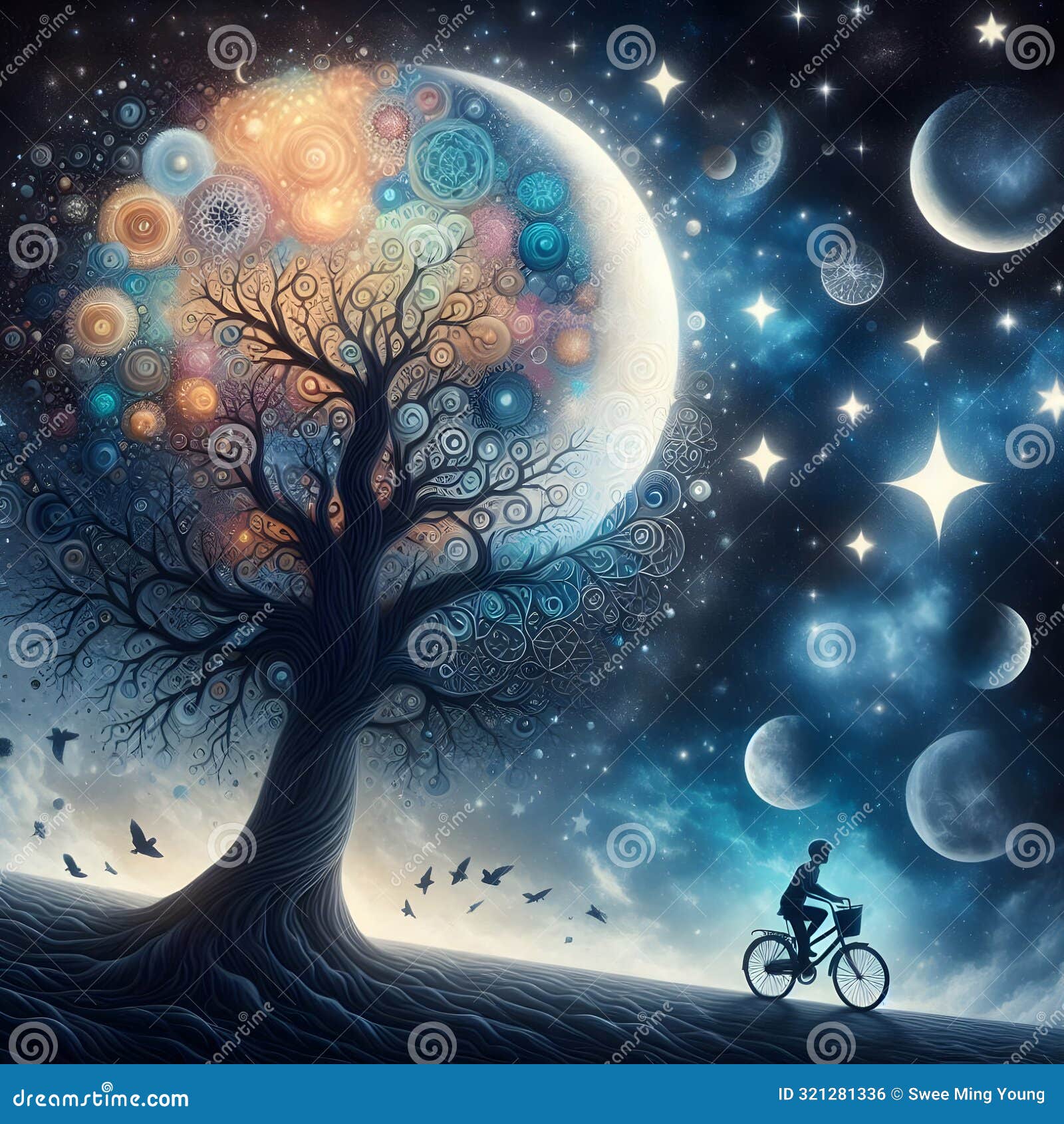 Image of an Imaginary Moon,stars and Celestial Tree of Life in a ...