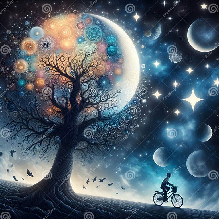 Image of an Imaginary Moon,stars and Celestial Tree of Life in a ...