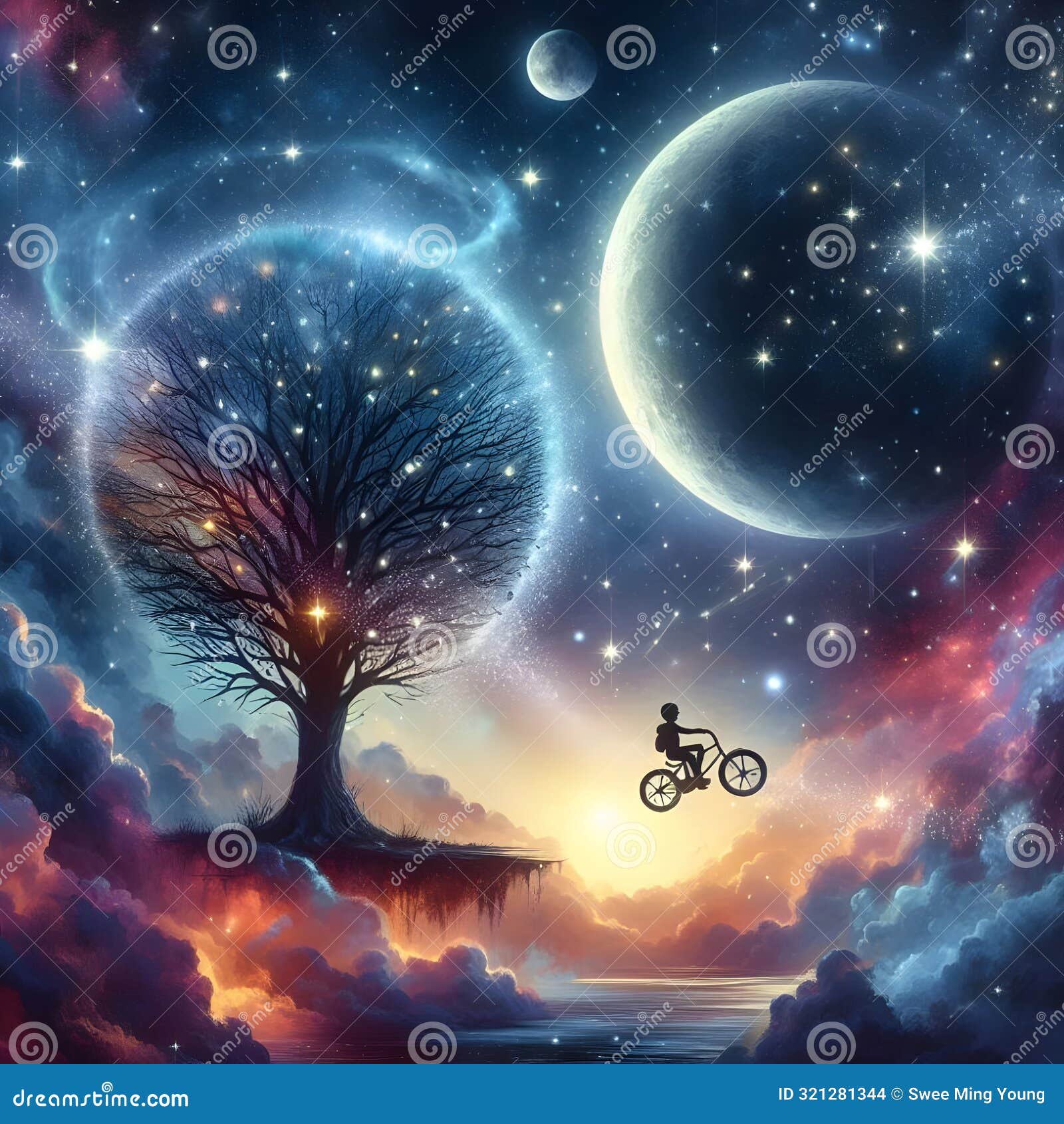 Image of an Imaginary Moon,stars and Celestial Tree of Life in a ...