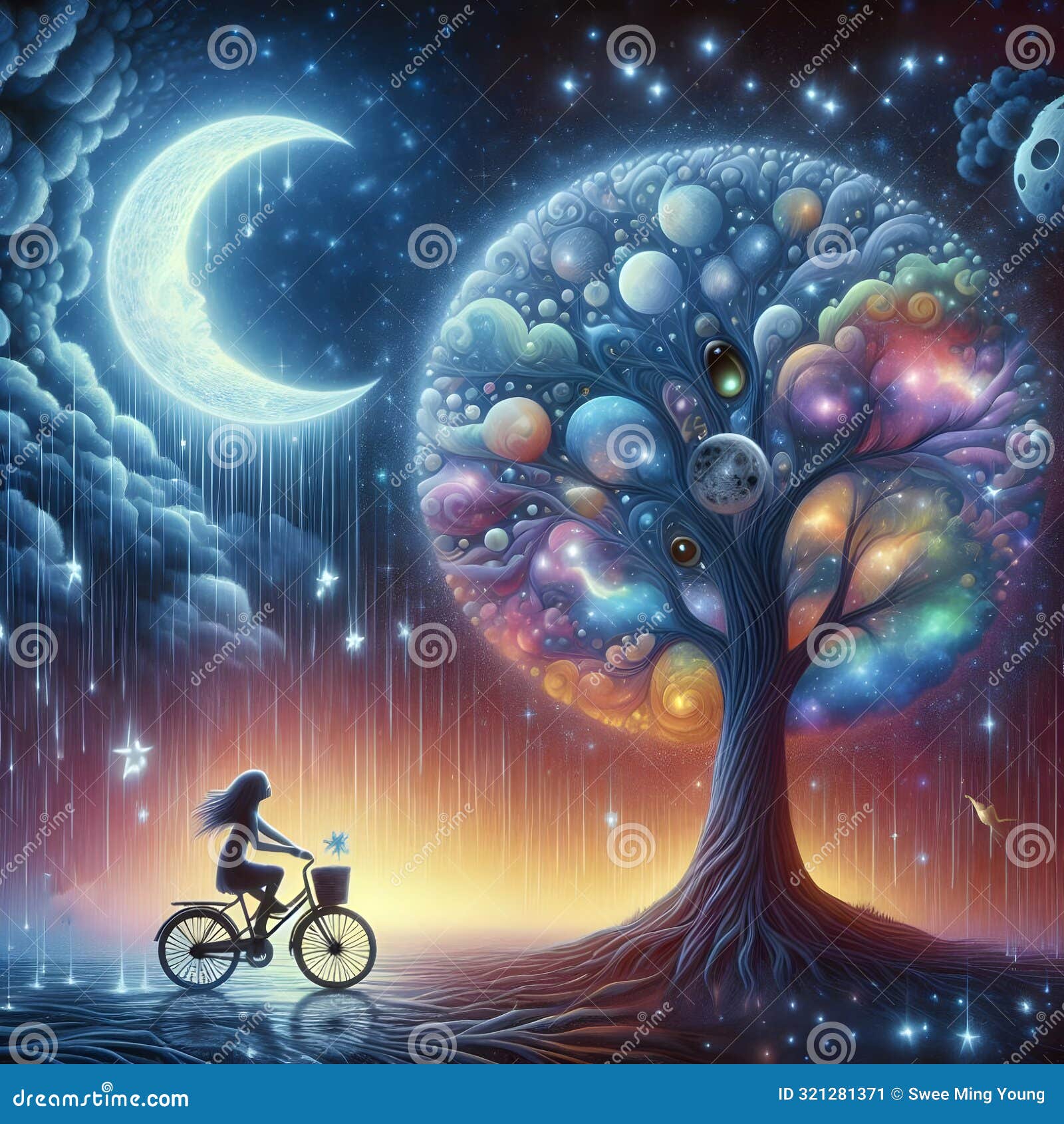 Image of an Imaginary Moon,stars and Celestial Tree of Life in a ...