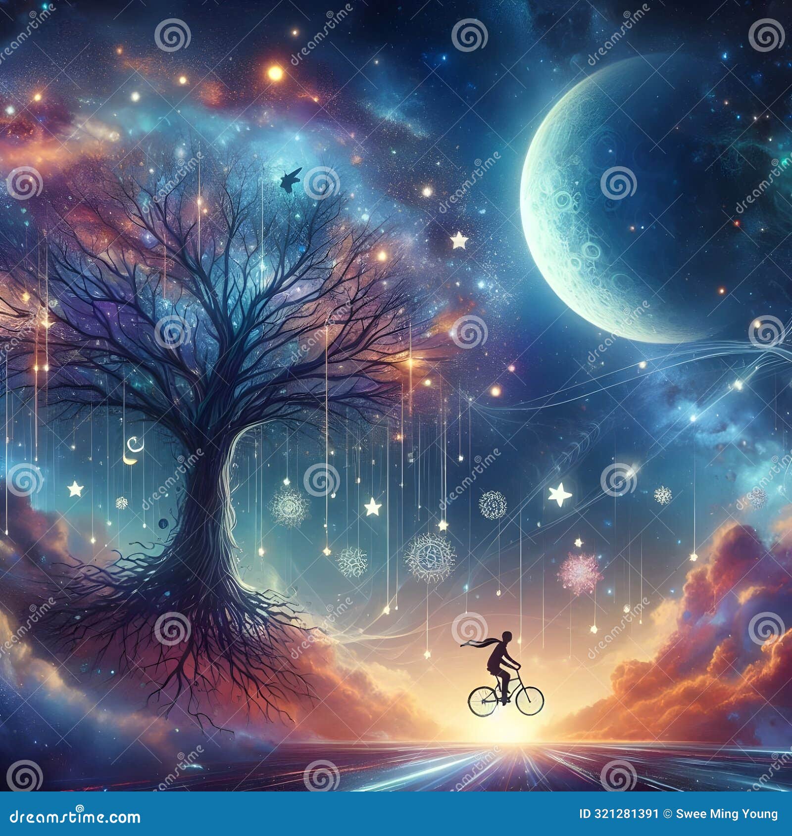 Image of an Imaginary Moon,stars and Celestial Tree of Life in a ...