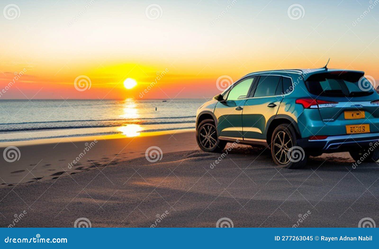 Blue car on sunset beach stock illustration. Illustration of vehicle ...