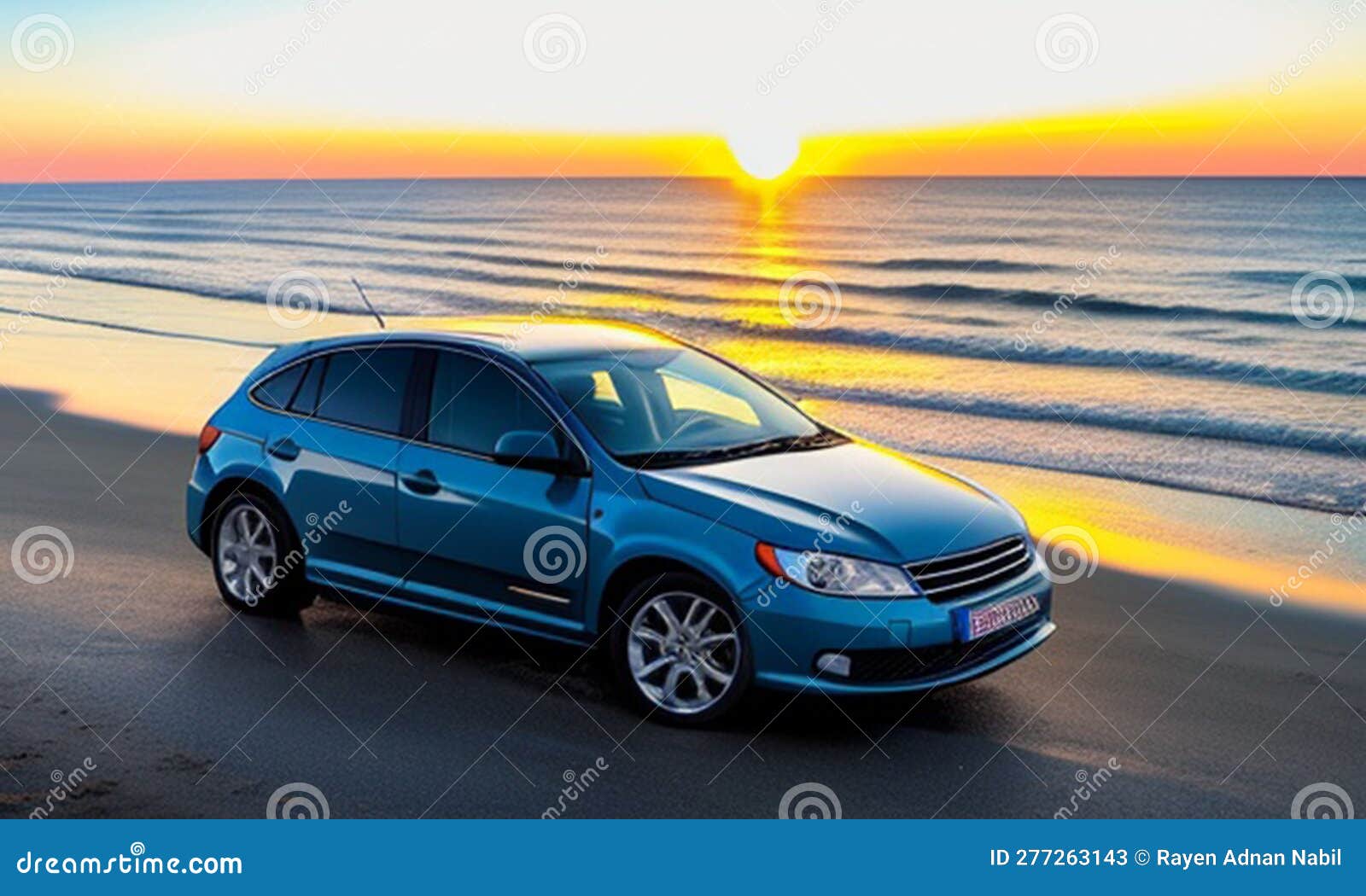 Blue Car on the Sunset Beach Stock Illustration - Illustration of blue ...
