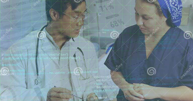 Image of Infographic Interface, Computer Language, Diverse Doctors and Nurse Talking in Hospital ...