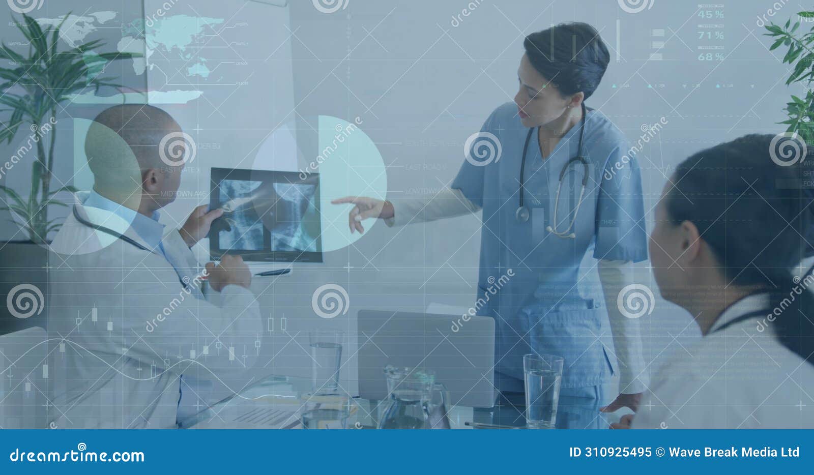 Image of Infographic Interface, Graphs Over Diverse Doctors Discussing ...