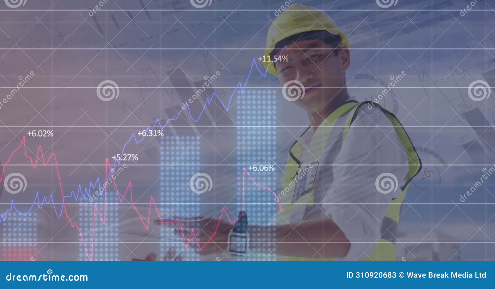 Image of Infographic Interface Over Asian Male Engineer with Blueprint ...