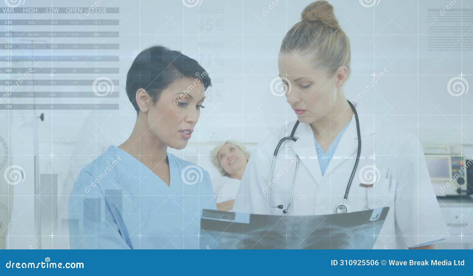 Image of Infographic Interface Over Diverse Female Doctors Discussing ...