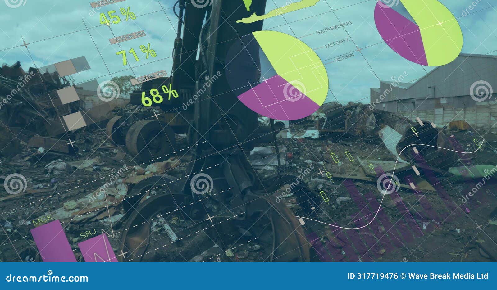 Image of Infographic Interface Over Low Angle View of Scrap Shearing ...