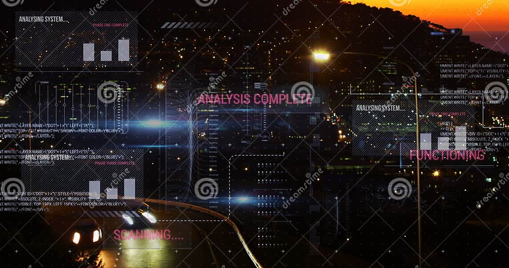 Image of Interface with Data Processing Against Aerial View of City ...